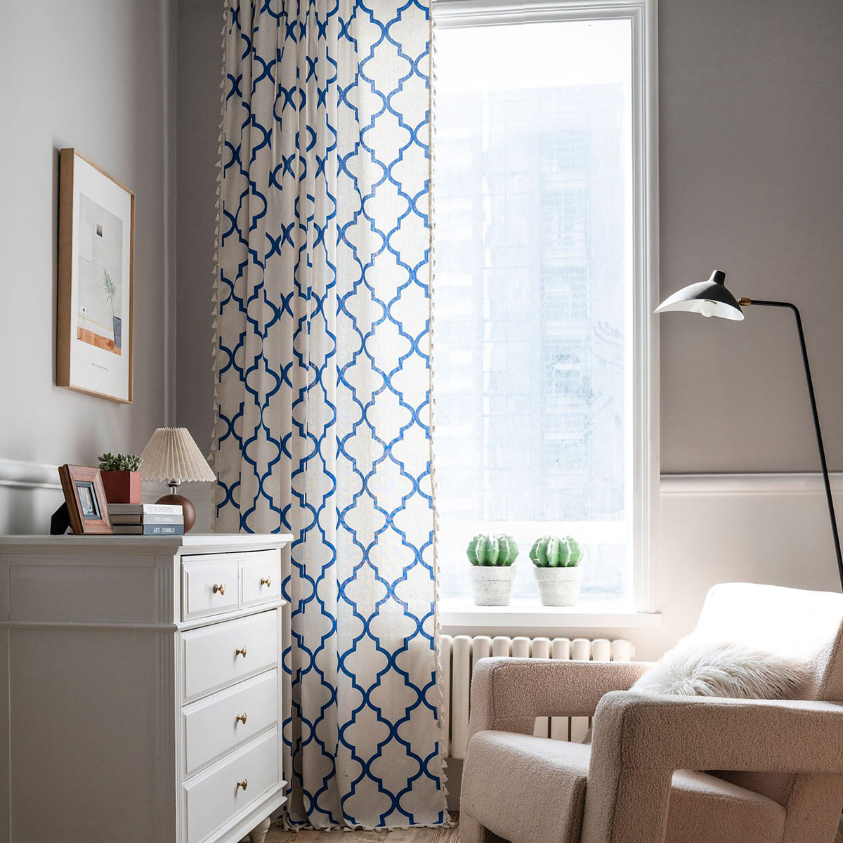 Bohemian Blue Geometric Quatrefoil Curtains with Tassels – Anady Top
