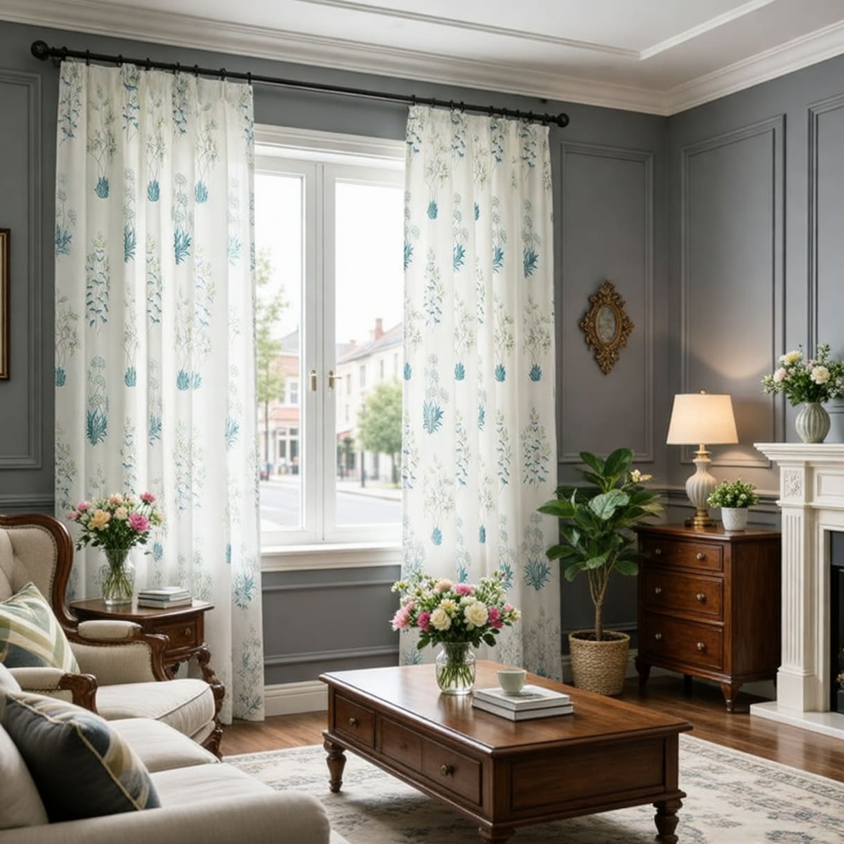 Blue Orchid Grass White Balloon Shade Curtains Living Room Ceiling Dra ...
