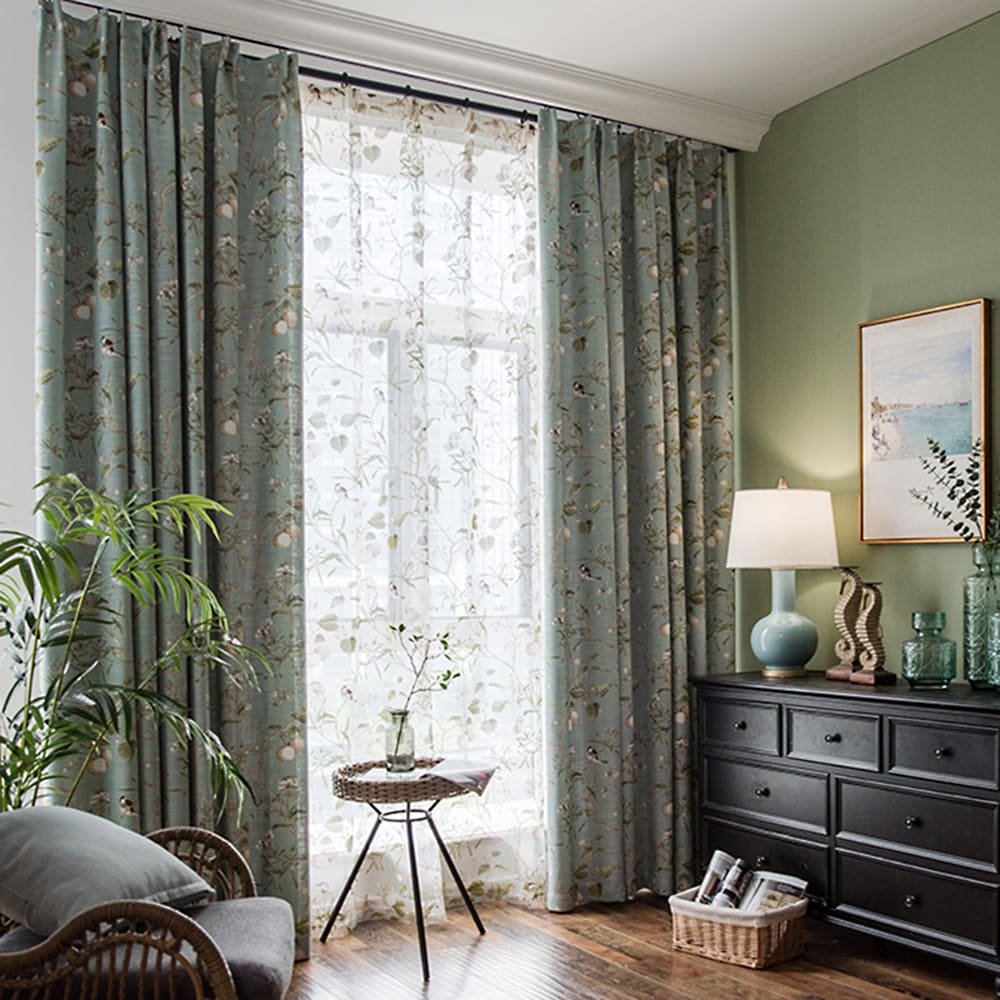 Classic Retro Blue Curtains Birds Peach Country Drapes – Anady Top