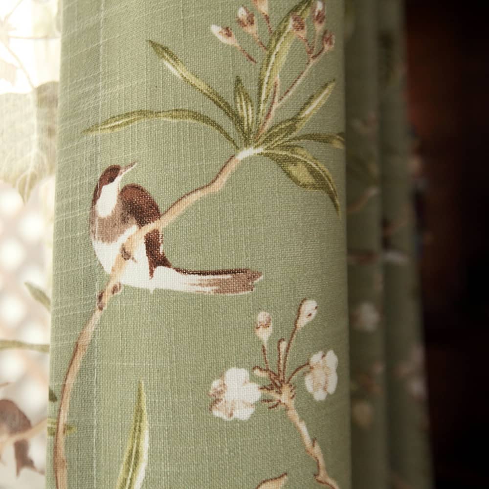 Classic Retro Kale Green Curtains Birds Peach Country Drapes – Anady Top