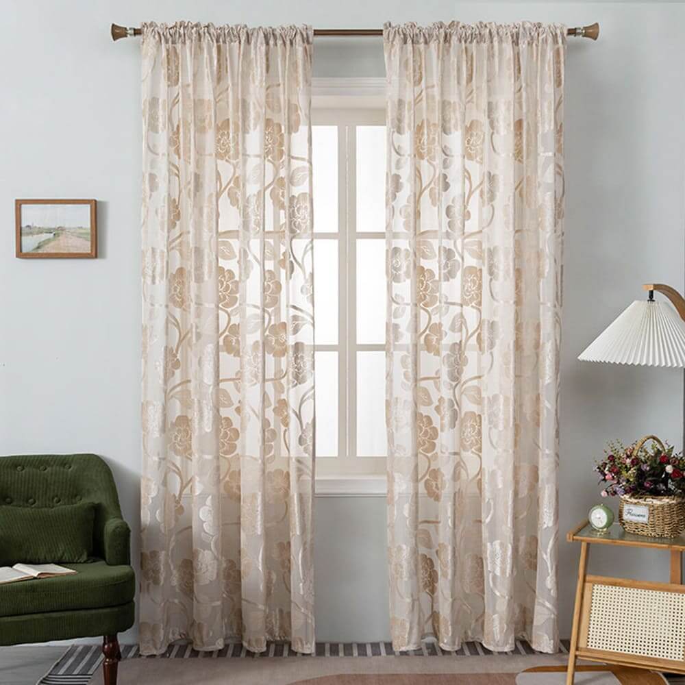 Beige Velvet Floral Sheer Curtains - Elegant Light Filtering Drapes ...