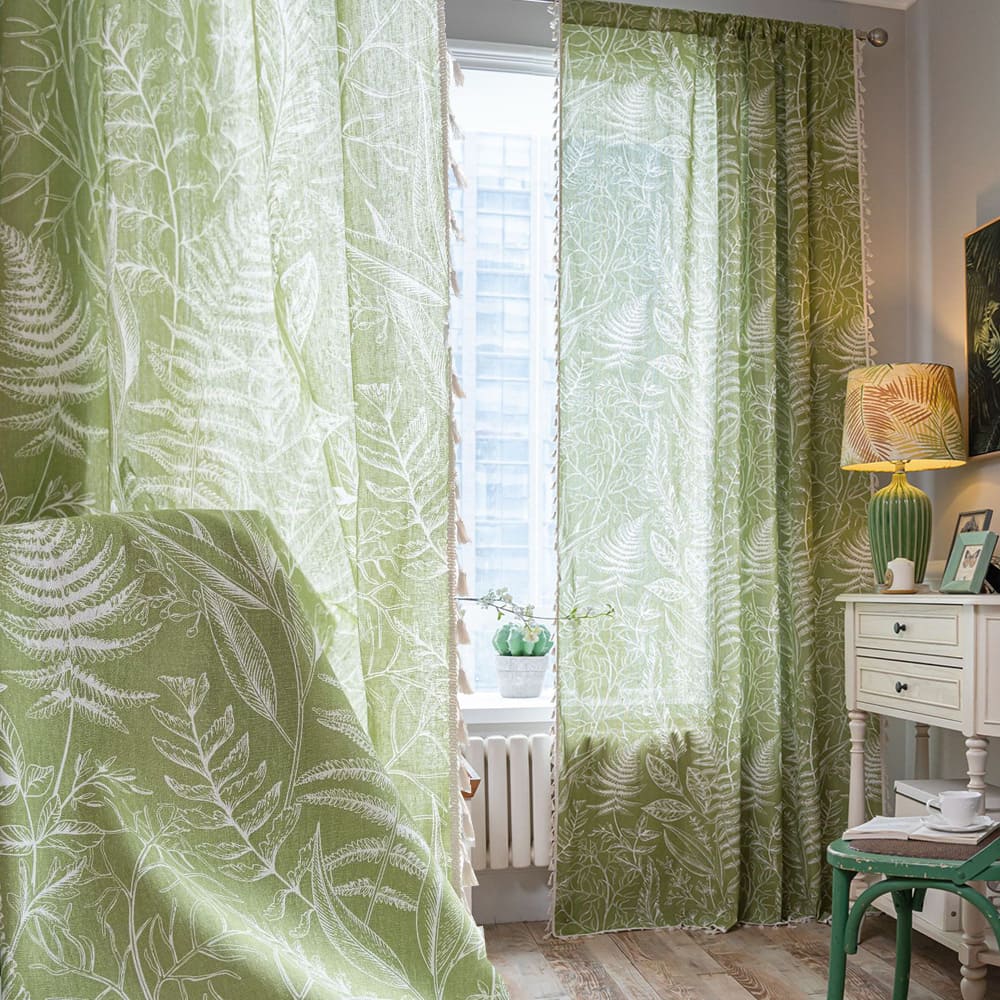 Plant Pattern Curtains Natrual Linen Green Drapes – Anady Top