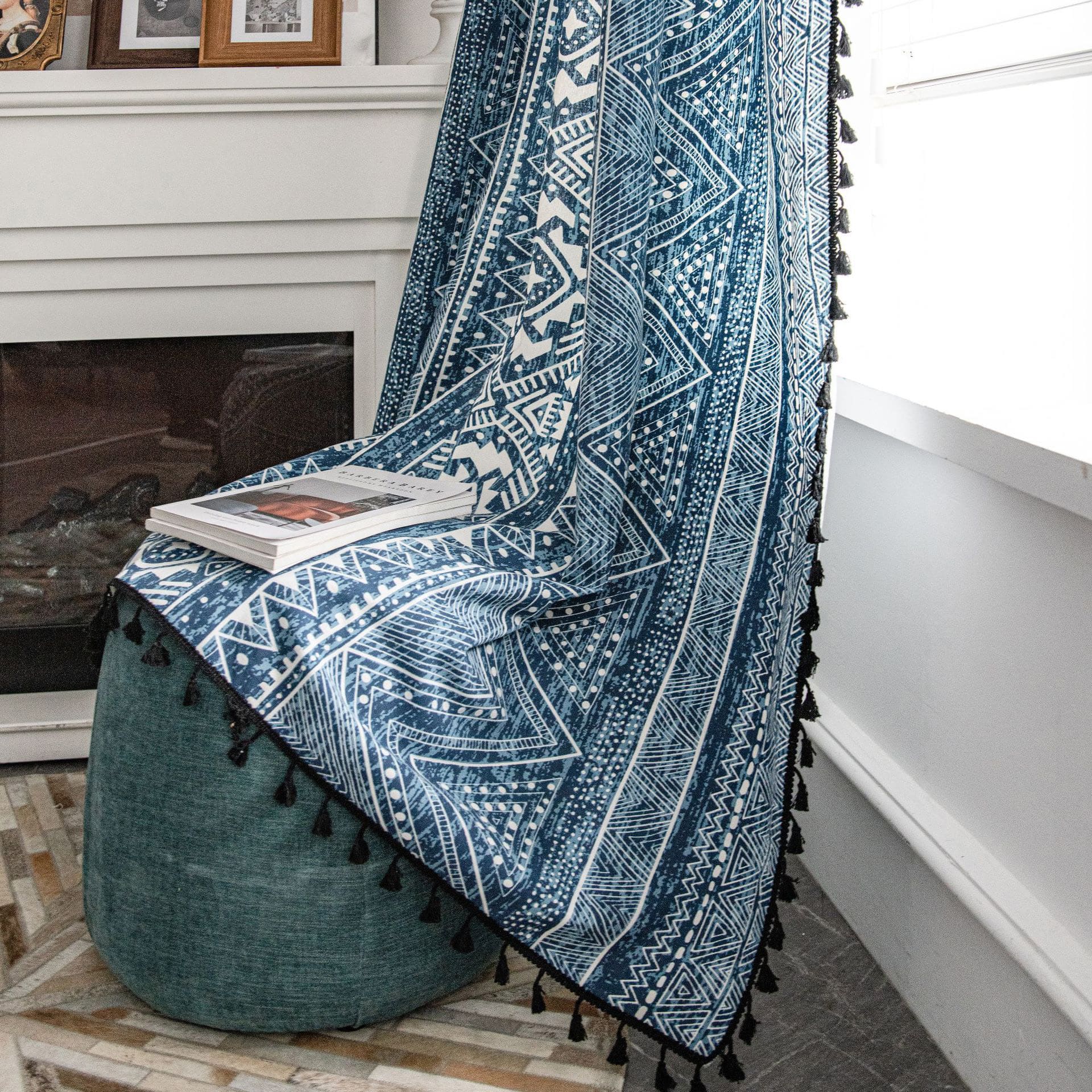 Elegant Bohemian Blue Geometric Pattern Curtain Drapes with Tassels ...