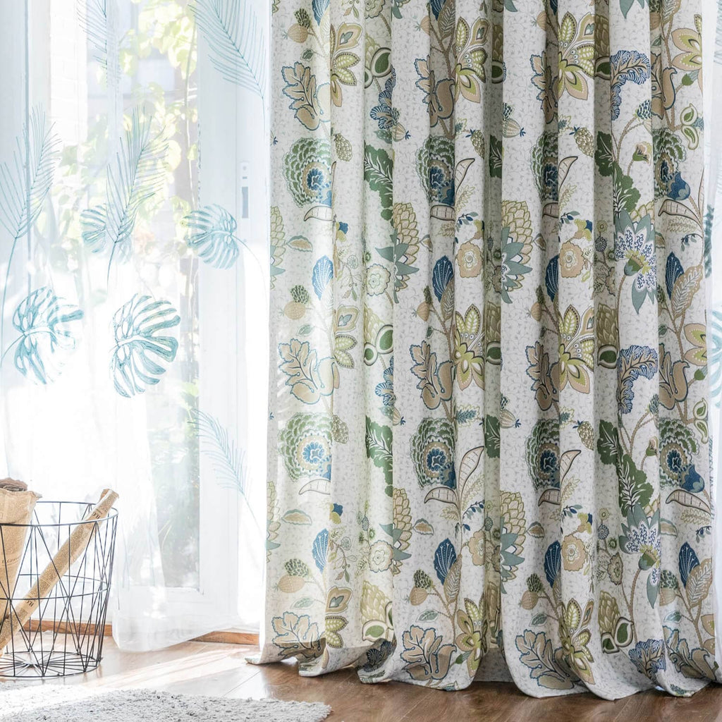 Green Leaf Blue Flower Curtains Jungle Pattern Drapes – Anady Top
