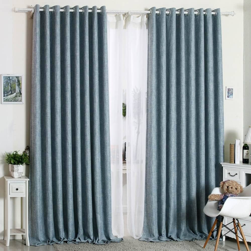 Blue Linen Curtains 2 Panel Solid Grommet Top Drapes for Bedroom ...