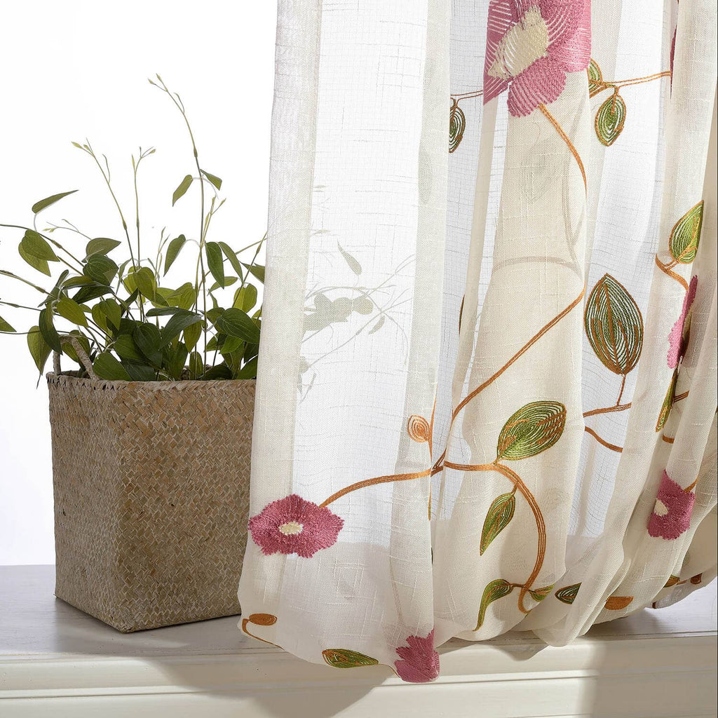Green Leaf Pink Flower Embroidered Sheer Curtains – Anady Top