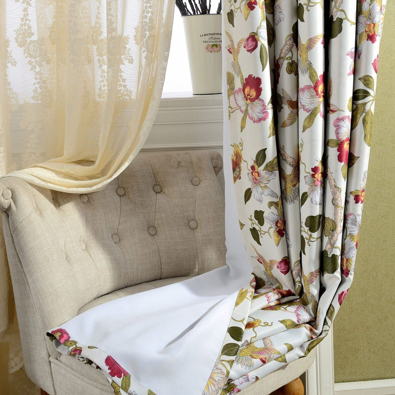 Red Bird Floral Blackout Curtains for Living Room & Bedroom Drapes ...