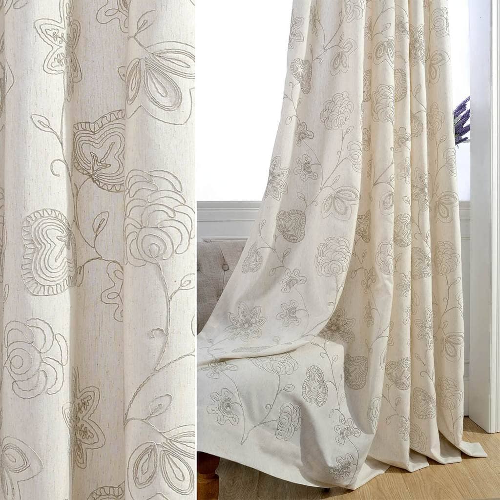 Natural Linen Curtains Flower Drapes for Bedroom/Living Room 2 Panels ...