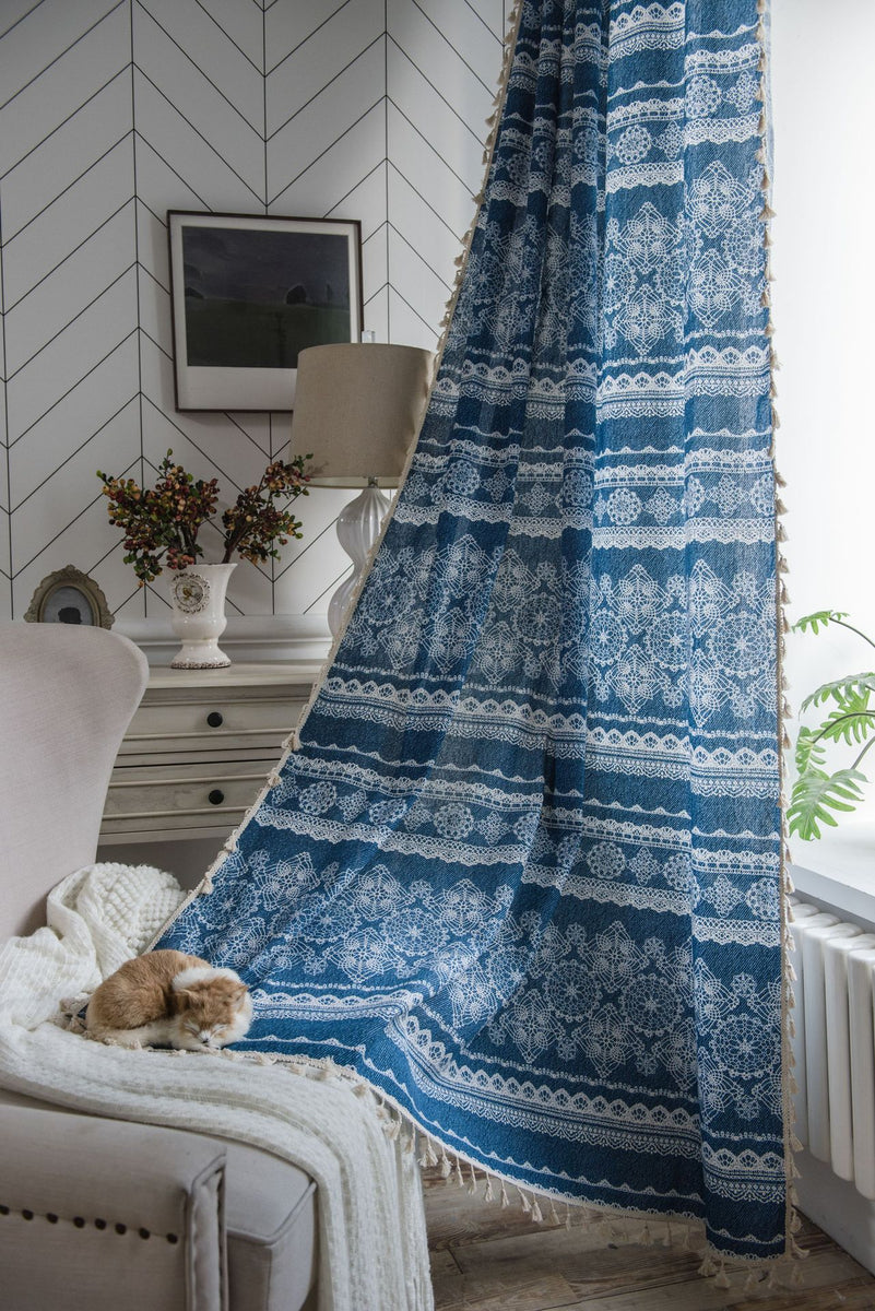 Classic Blue Denim Lace Cotton Linen Curtains Geometric Drapes with Ta ...