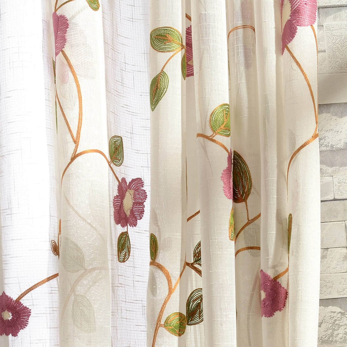 Green Leaf Pink Flower Embroidered Sheer Curtains – Anady Top