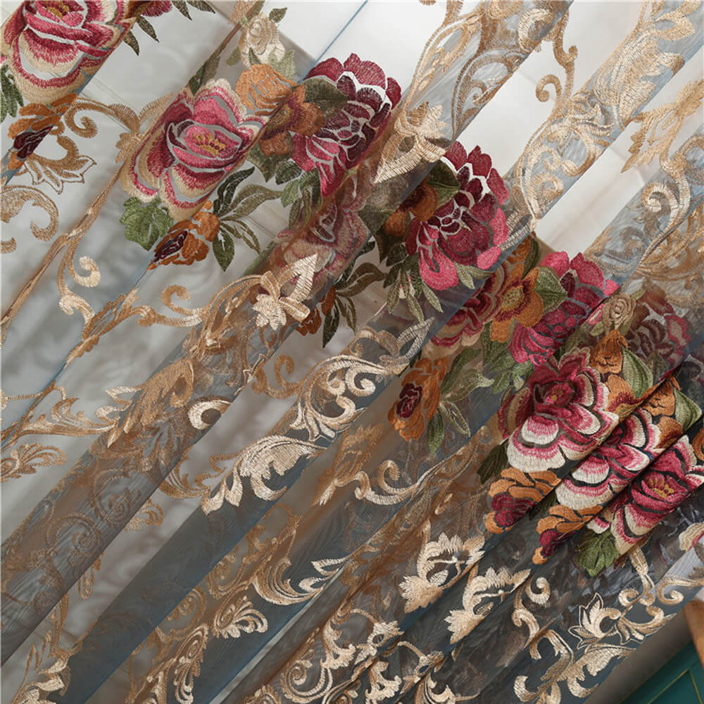 Luxurious Embroidered Flower Blue Sheer Curtains 2 Panels – Anady Top