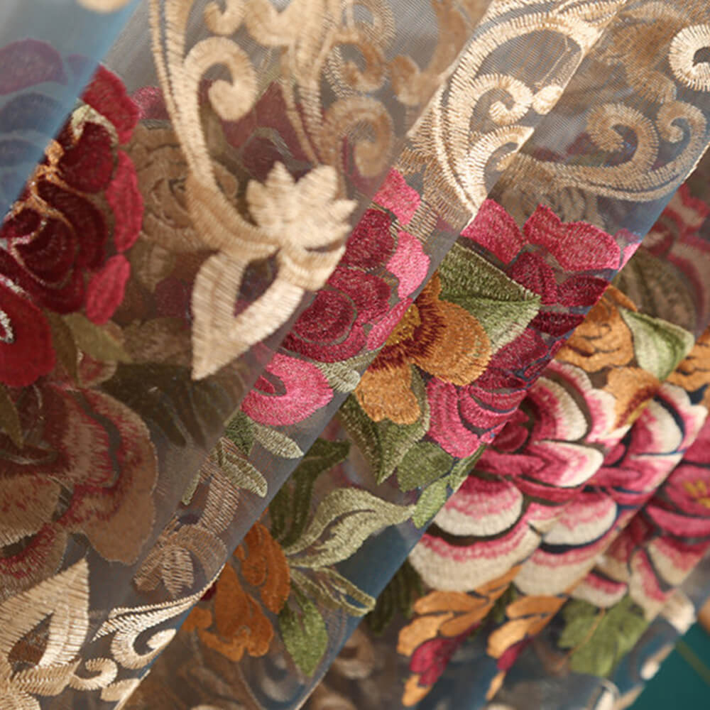 Luxurious Embroidered Flower Blue Sheer Curtains 2 Panels – Anady Top