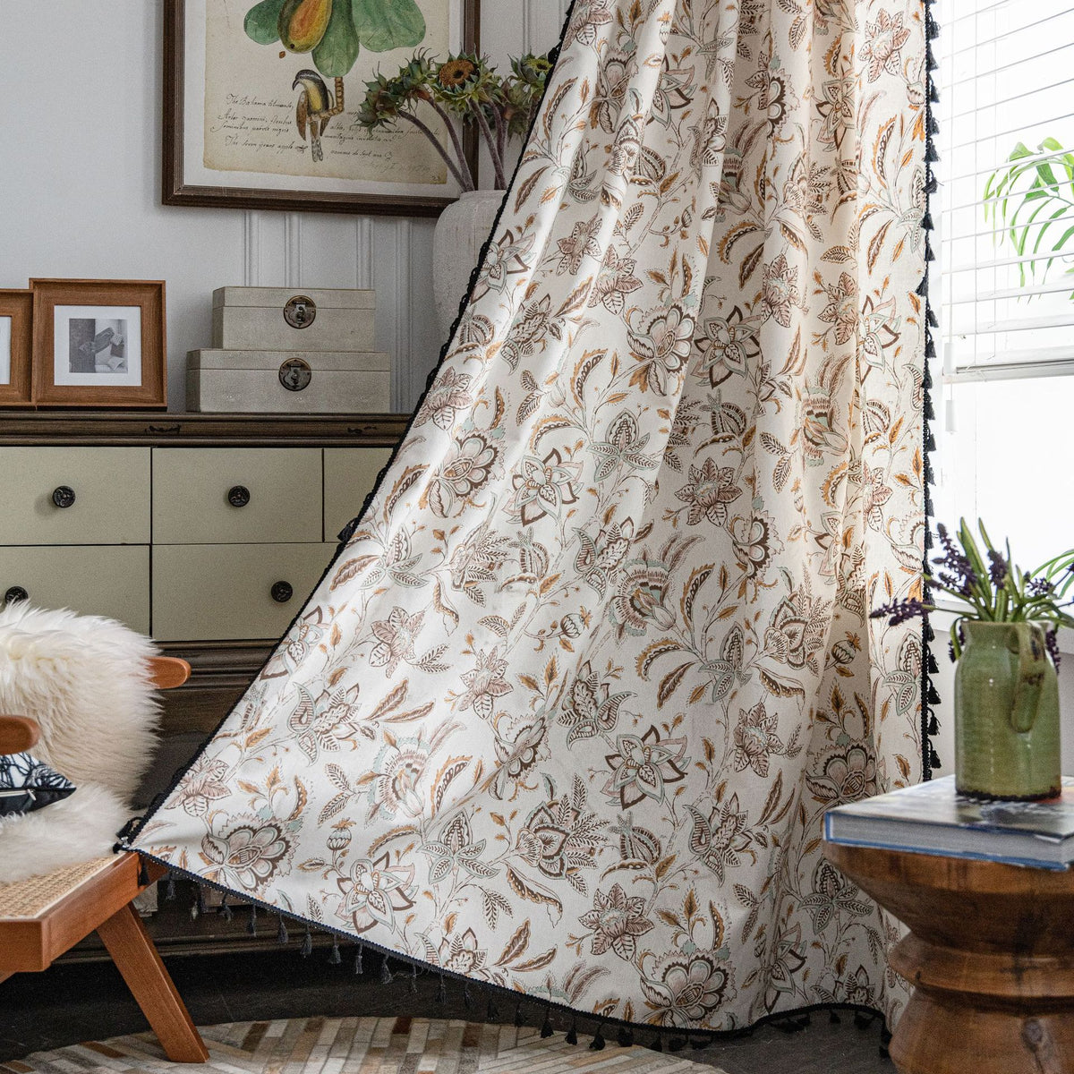 Rustic Off White Flower Curtains Cotton Linen Drapes With Black Tassel ...
